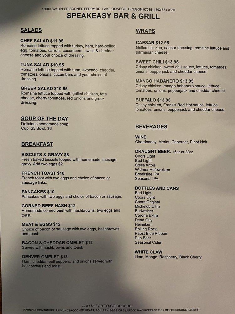 Menu at Speakeasy Bar & Grill, Lake Oswego, SW Upper Boones Ferry Rd