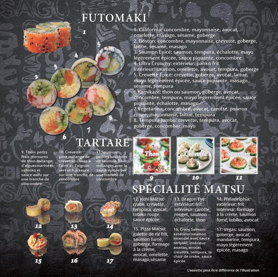 Menu au Sushi Matsu restaurant, Saint-Hyacinthe