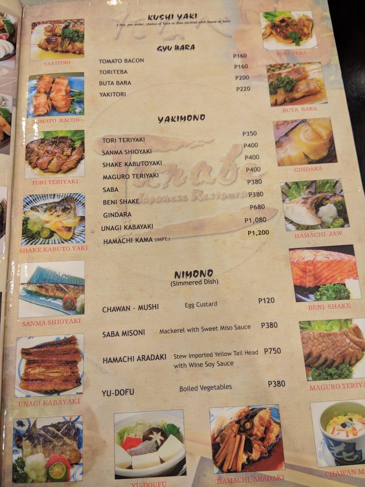 Menu at Tanabe Japanese Restaurant, Manila
