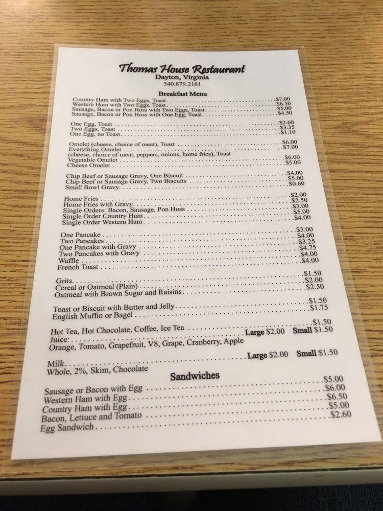 Menu at Thomas House Restaurant, Dayton