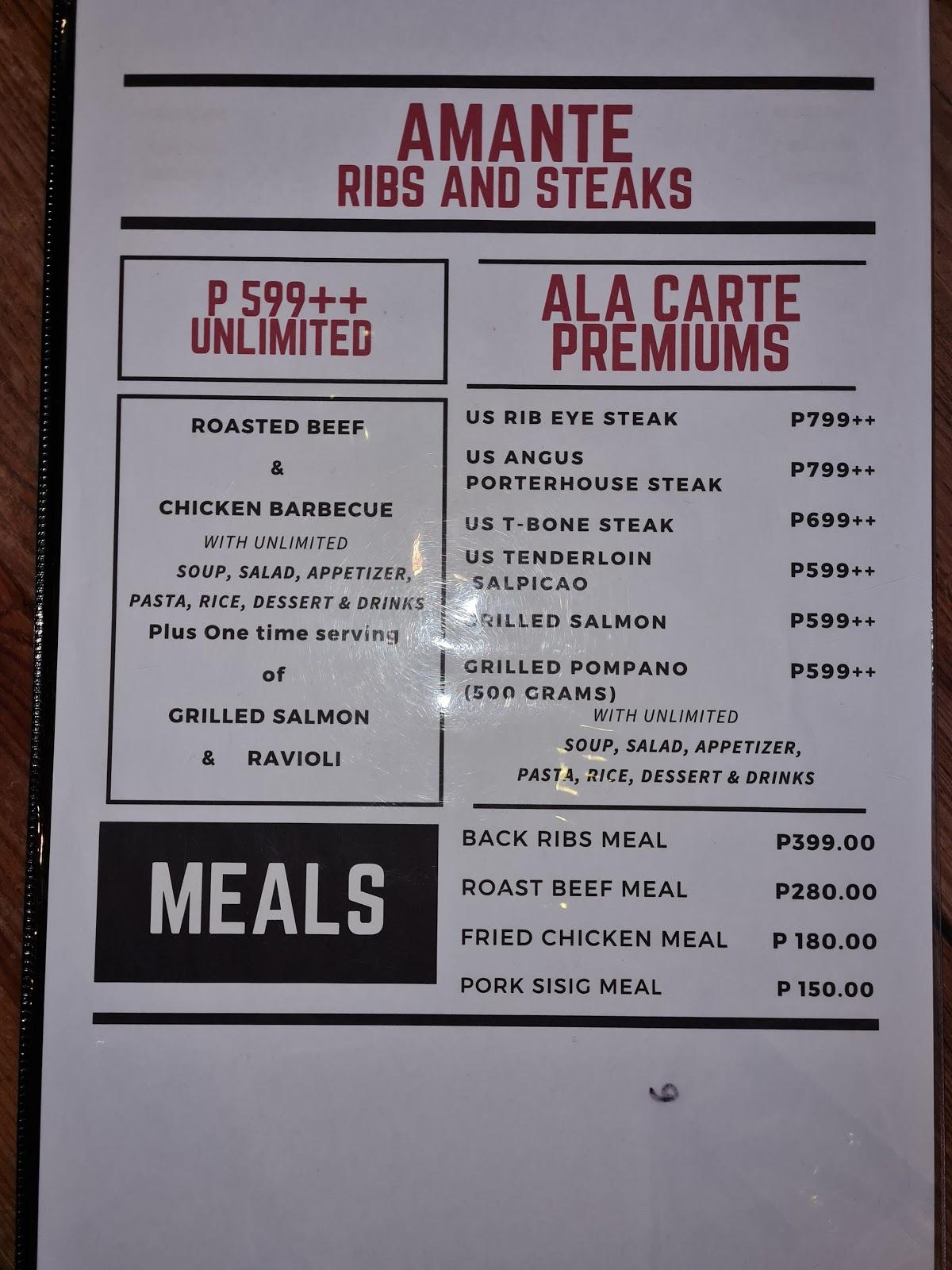 Menu at Amante Ribs and Steaks restaurant, Mabalacat, El Kabayo Riding ...