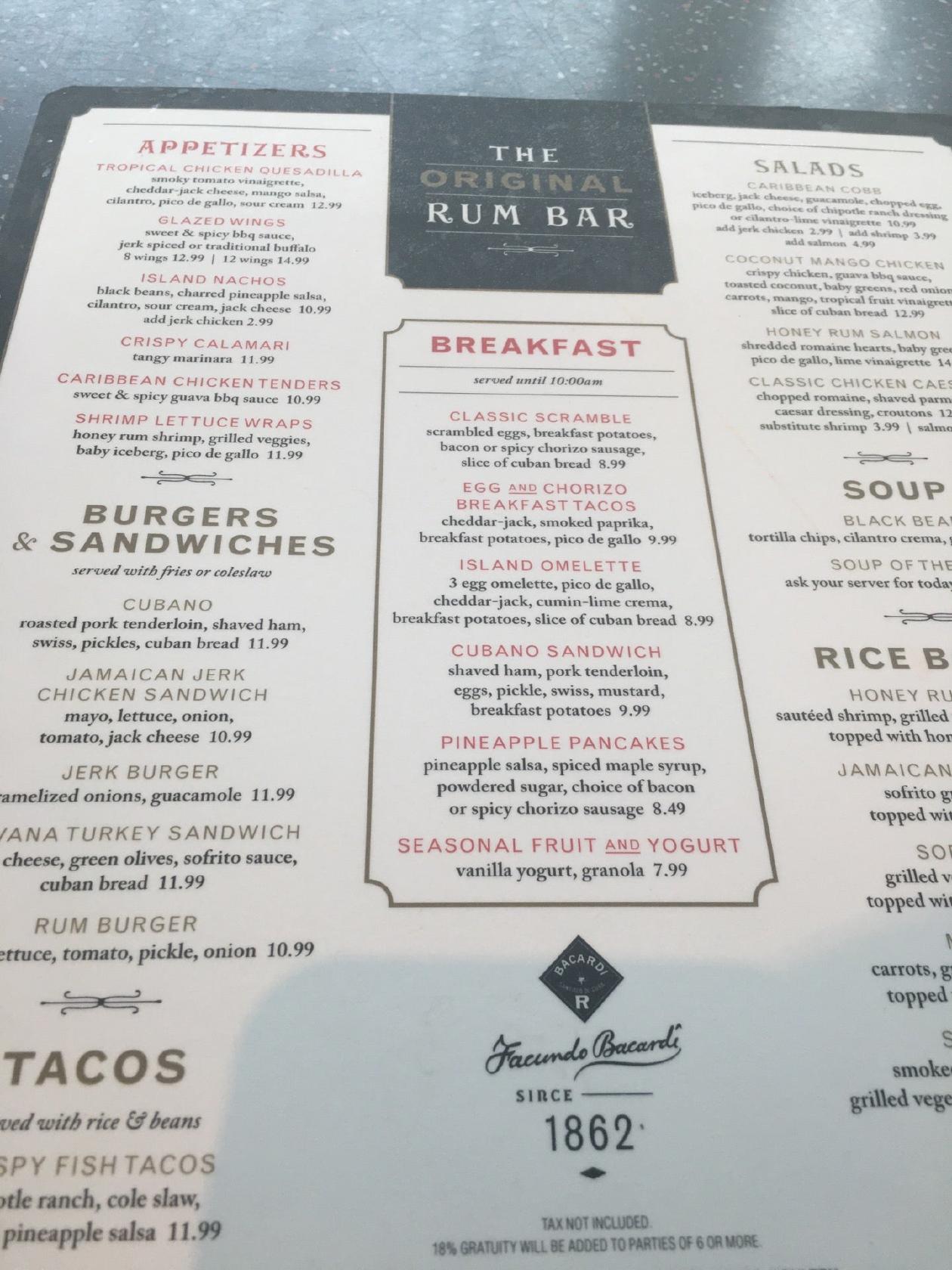 Menu at Casa Bacardi pub & bar, Fort Myers