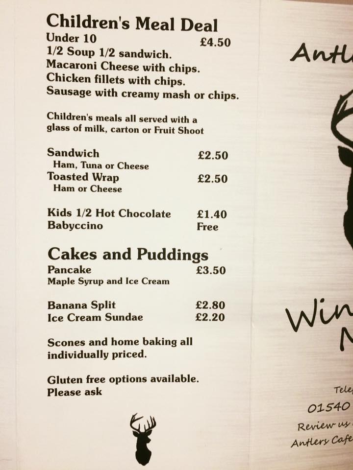 Menu at Antlers Cafe, Newtonmore