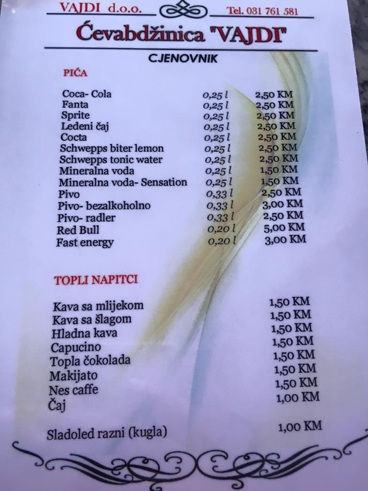 Menu at Ćevabdžinica "Vajdi" restaurant, Odžak