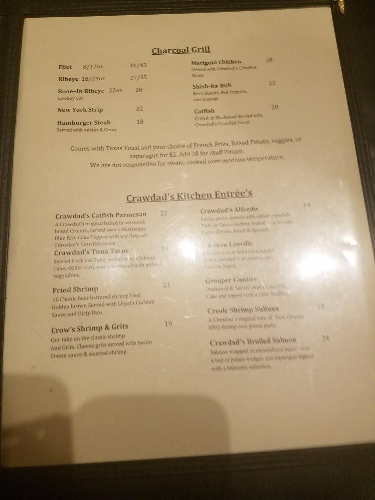 Menu at Crawdad's steakhouse, Merigold, 104 Park St