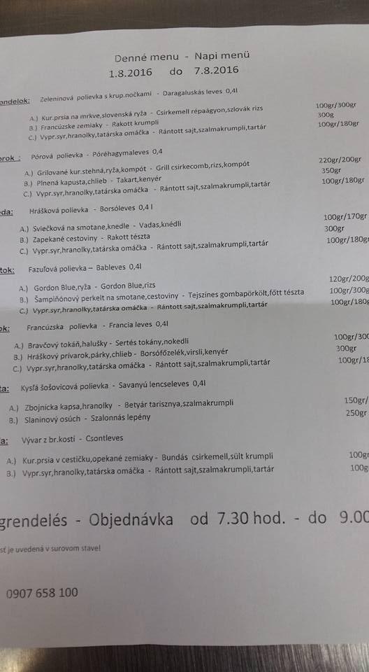 Menu at Delta Bufet restaurant, Veľký Meder
