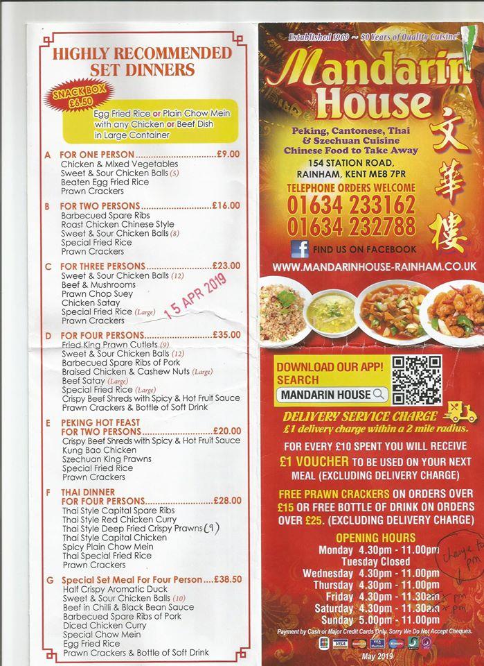 Menu at Mandarin House fast food, Gillingham