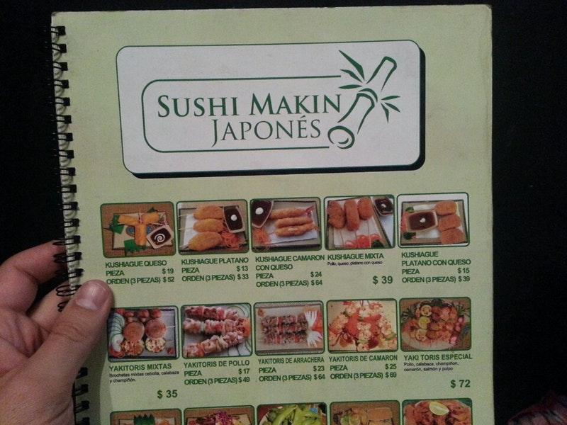 Menu at Sushi Makin restaurant, Mexico City, Angel Urraza 1630