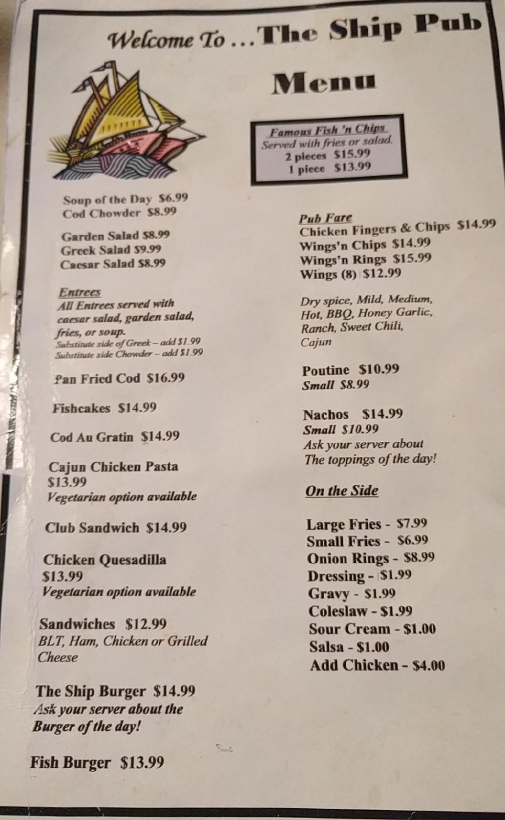 Menu at The Ship Pub, St. John's