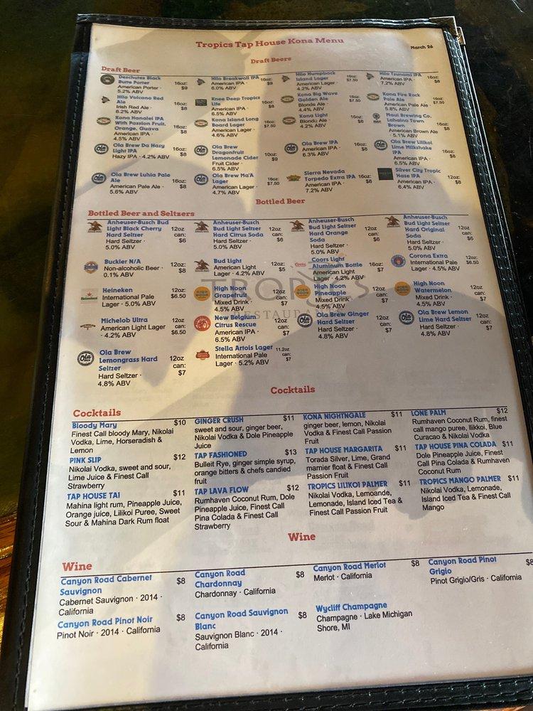 Menu at Tropics Taphouse Kona pub & bar, Kailua-Kona