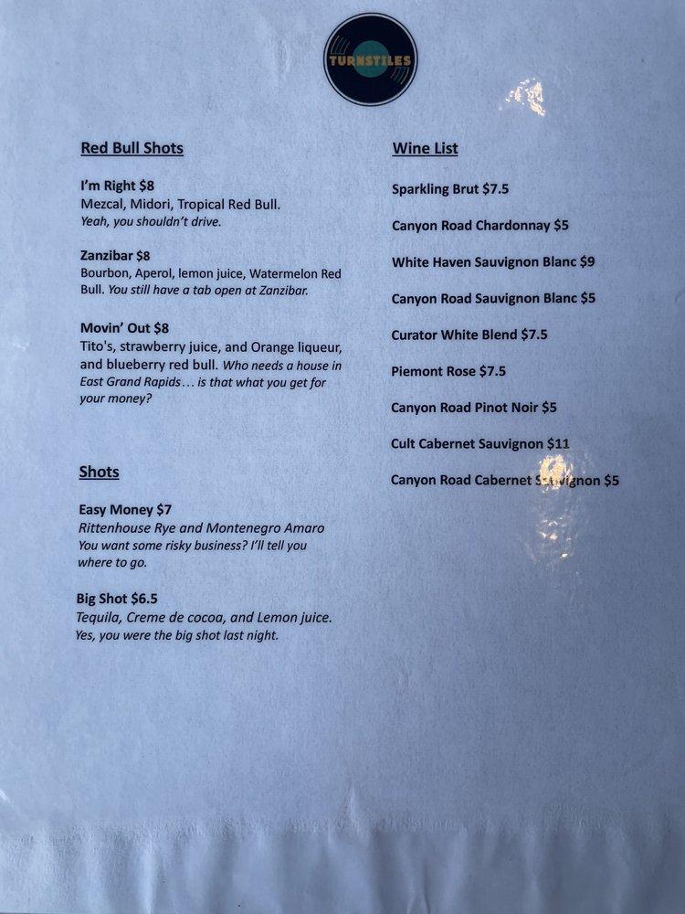 Menu at Turnstiles Bar, Grand Rapids, 526 Stocking Ave NW
