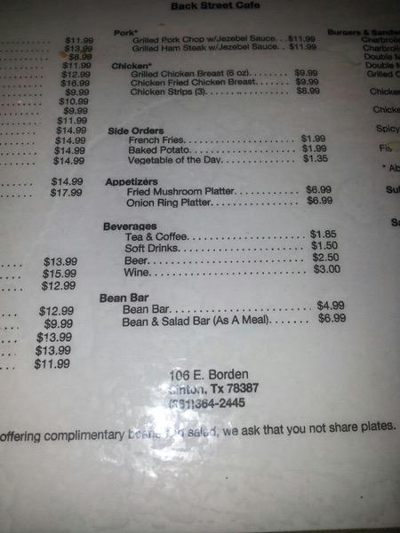 Menu at Back Street Restaurant, Sinton