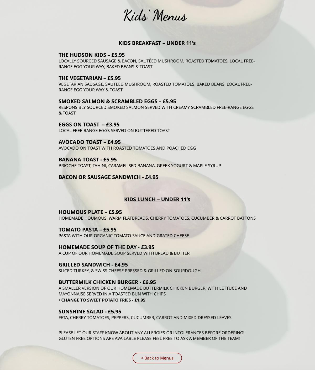 Menu at Hudsons Coffee and Kitchen cafe, Royal Tunbridge Wells