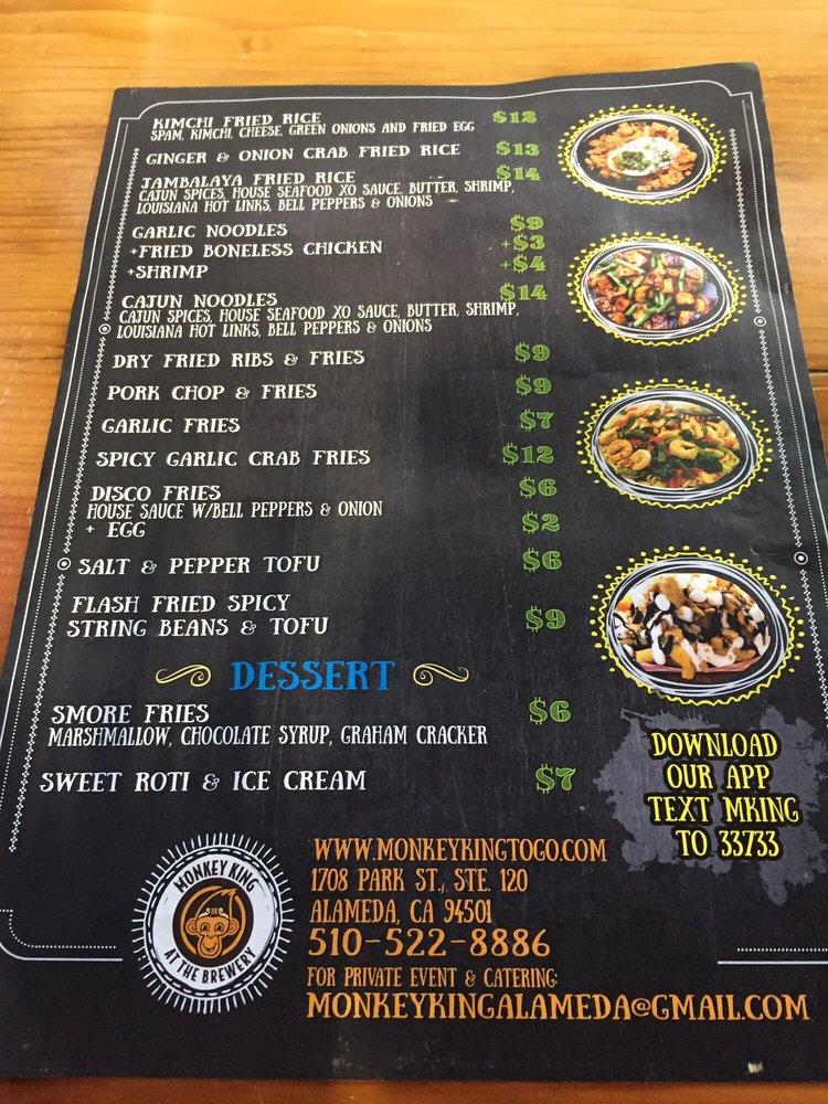 Menu at Monkey King At The Brewery restaurant, Alameda, Park St