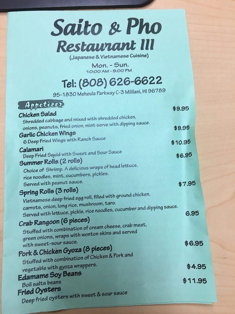 Menu at Saito & Pho III restaurant, Mililani