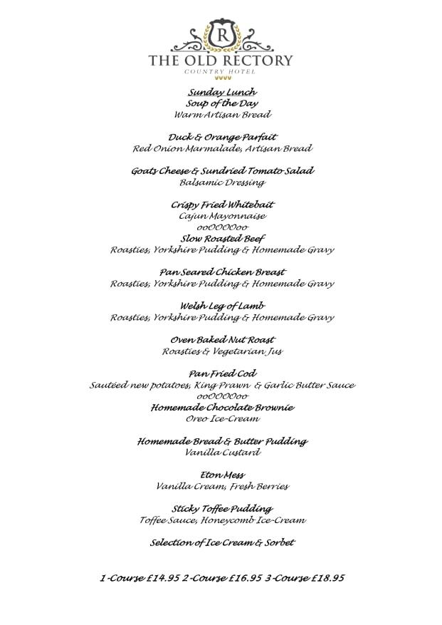 Menu at The Old Rectory Hotel restaurant, Crickhowell