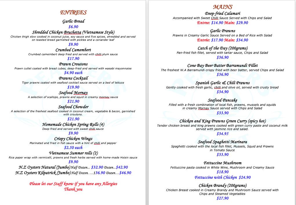 Menu at The Pearlers Rest Family Restaurant Karratha, Karratha