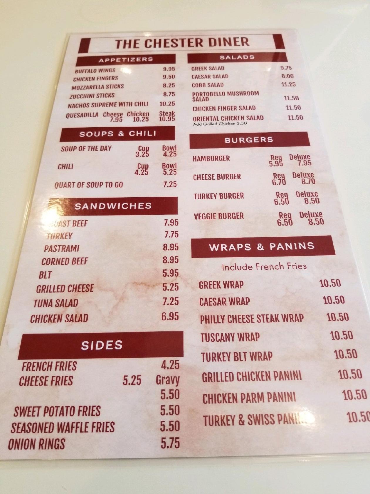 Menu at Chester Diner restaurant, Chester, 65 US-206