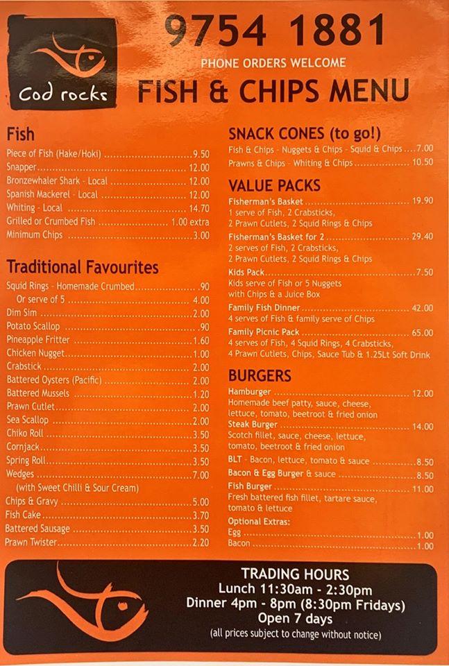 Menu at Cod Rocks fast food, Busselton