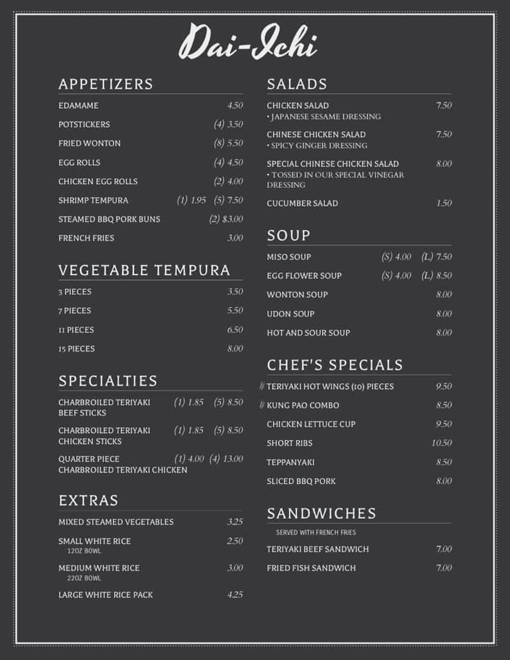 Menu at Dai-Ichi restaurant, Clovis, Shaw Ave