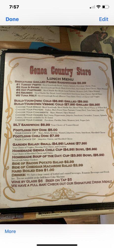 Menu at Genoa Country Store pub & bar, Genoa