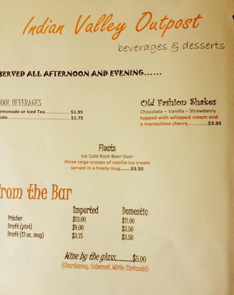 Menu at Indian Valley Outpost restaurant, Nevada City, 109 Fiddle Creek Rd