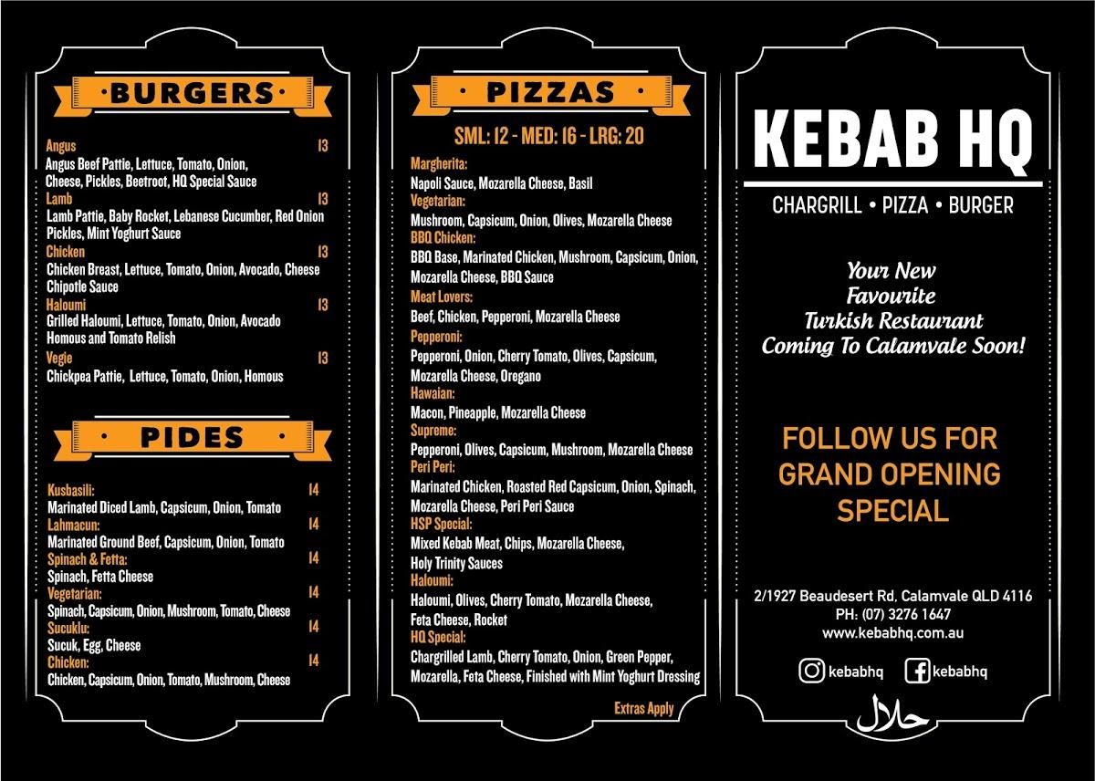 Menu at Kebab HQ restaurant, Calamvale