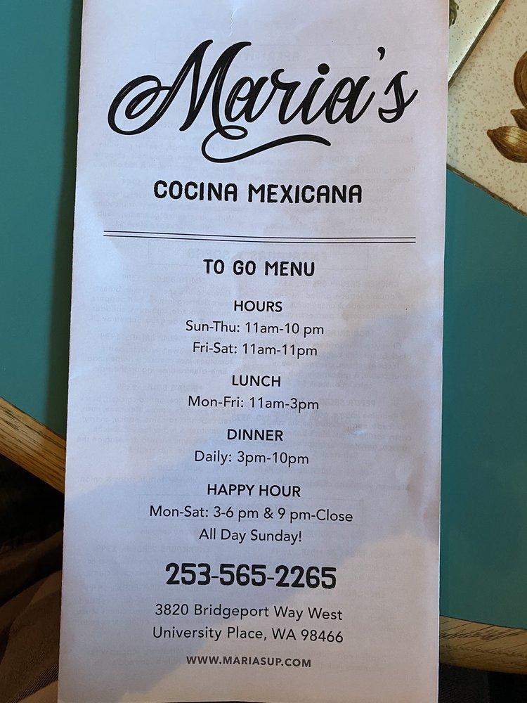 Menu at Maria's Cocina Mexicana restaurant, University Place