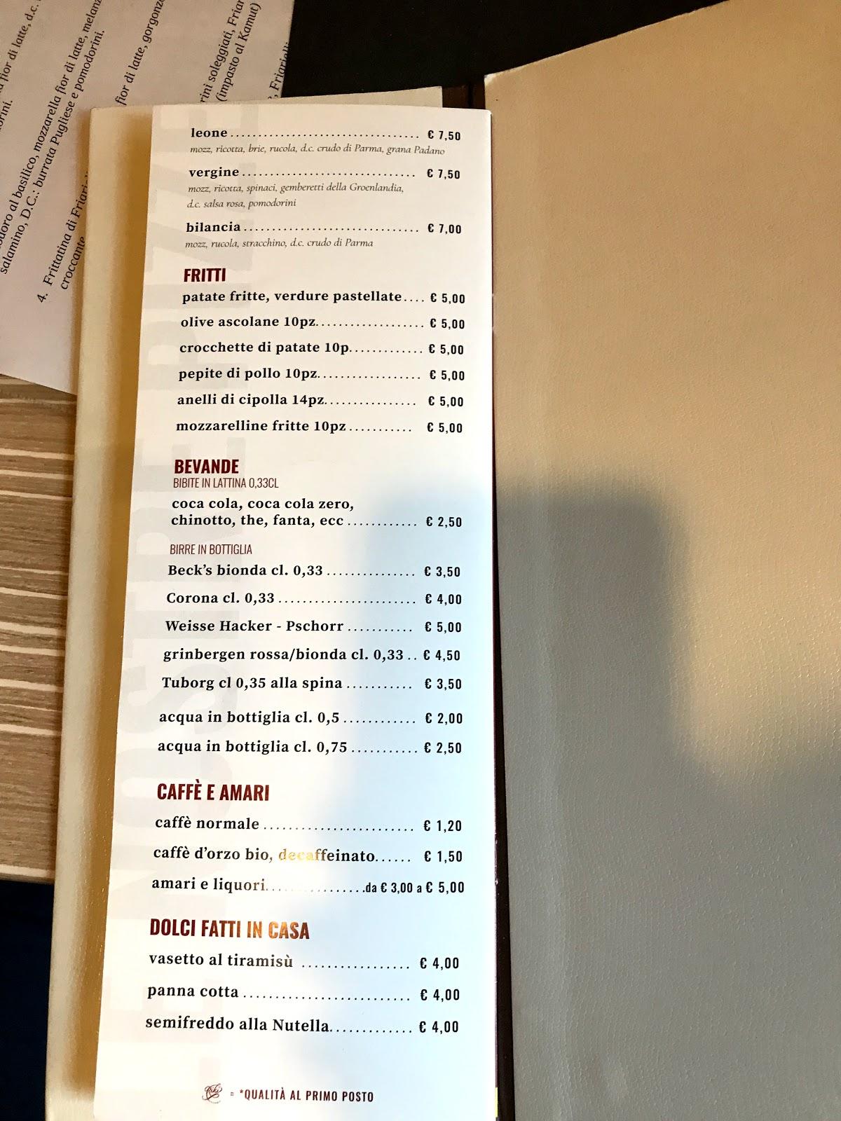 Menu at Riki pizzeria Padova, Padua