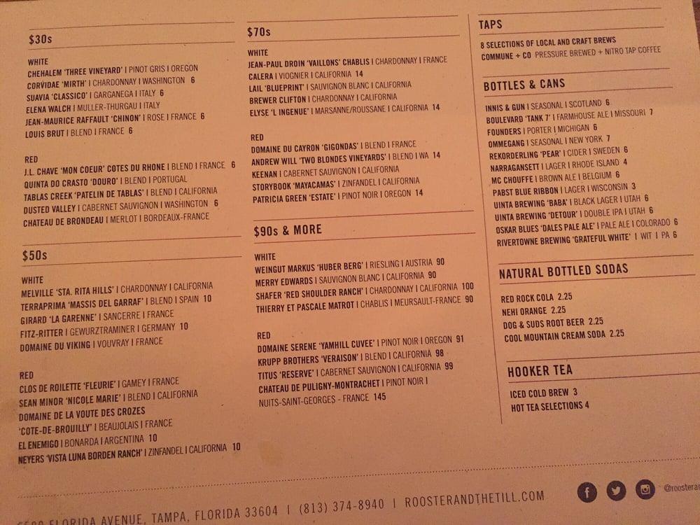 Menu at Rooster & the Till restaurant, Tampa
