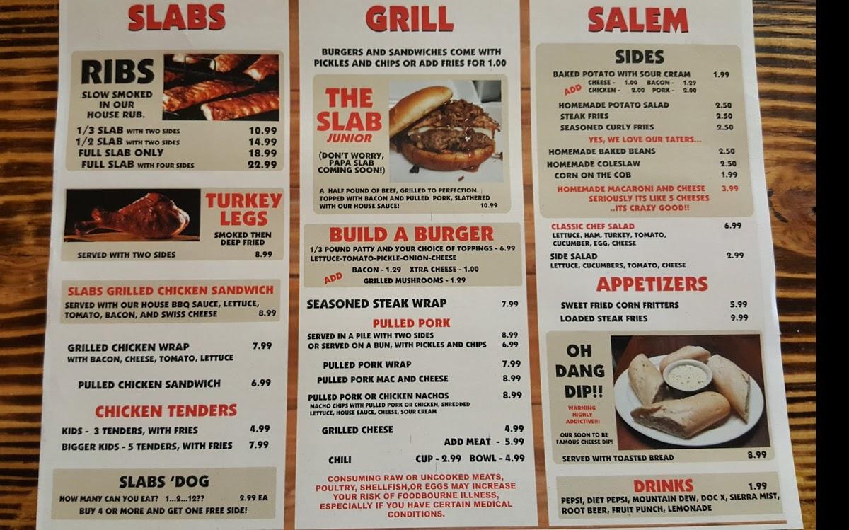 Menu at Slabs Grill restaurant, Salem