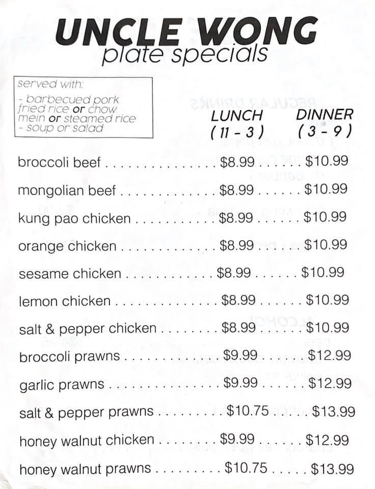 Menu at Uncle Wong Chinese Restaurant, Oakley