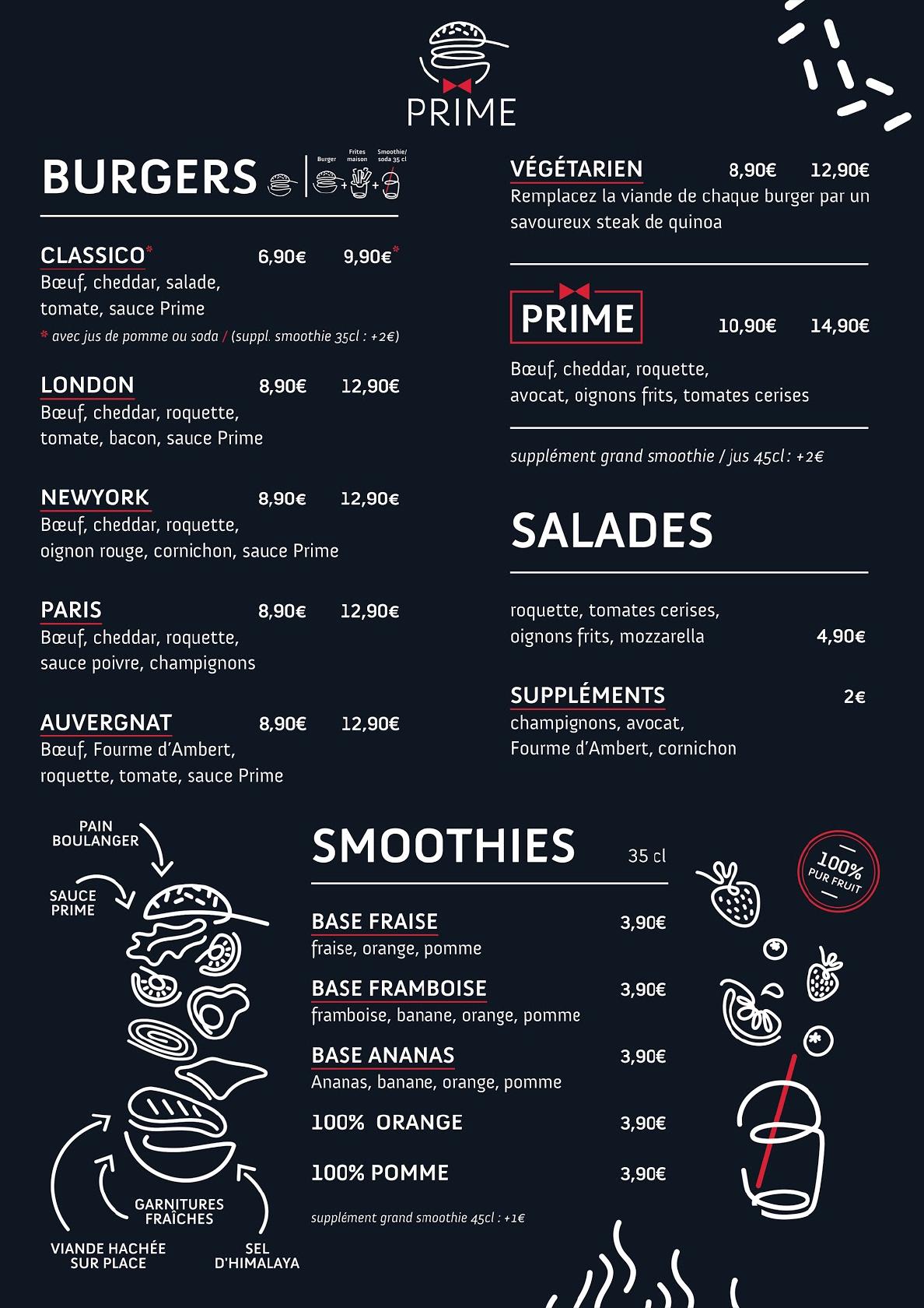 Menu at Prime restaurant, Angers