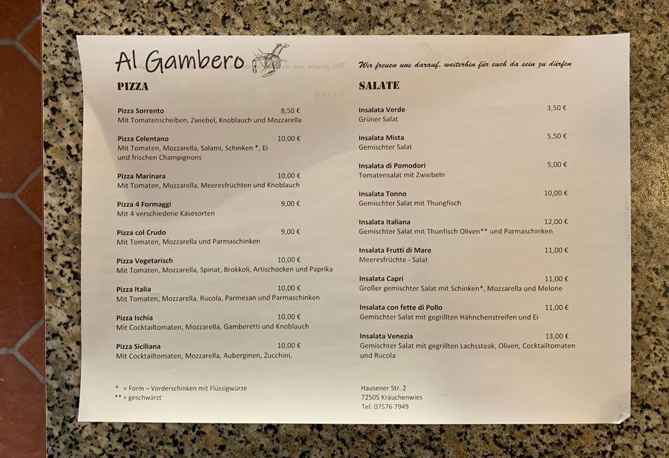 Speisekarte von Al Gambero Ristorante Pizzeria, Krauchenwies