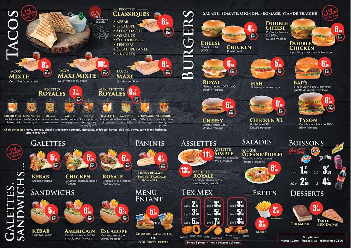 Menu at Tacos royal restaurant, Annecy