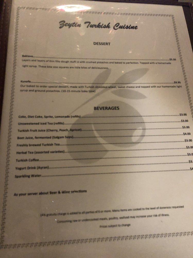 Menu at Zeytin Turkish Cuisine restaurant, Orlando