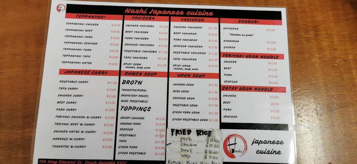 Menu at Hashi Japanese Cuisine South Dunedin restaurant, Dunedin