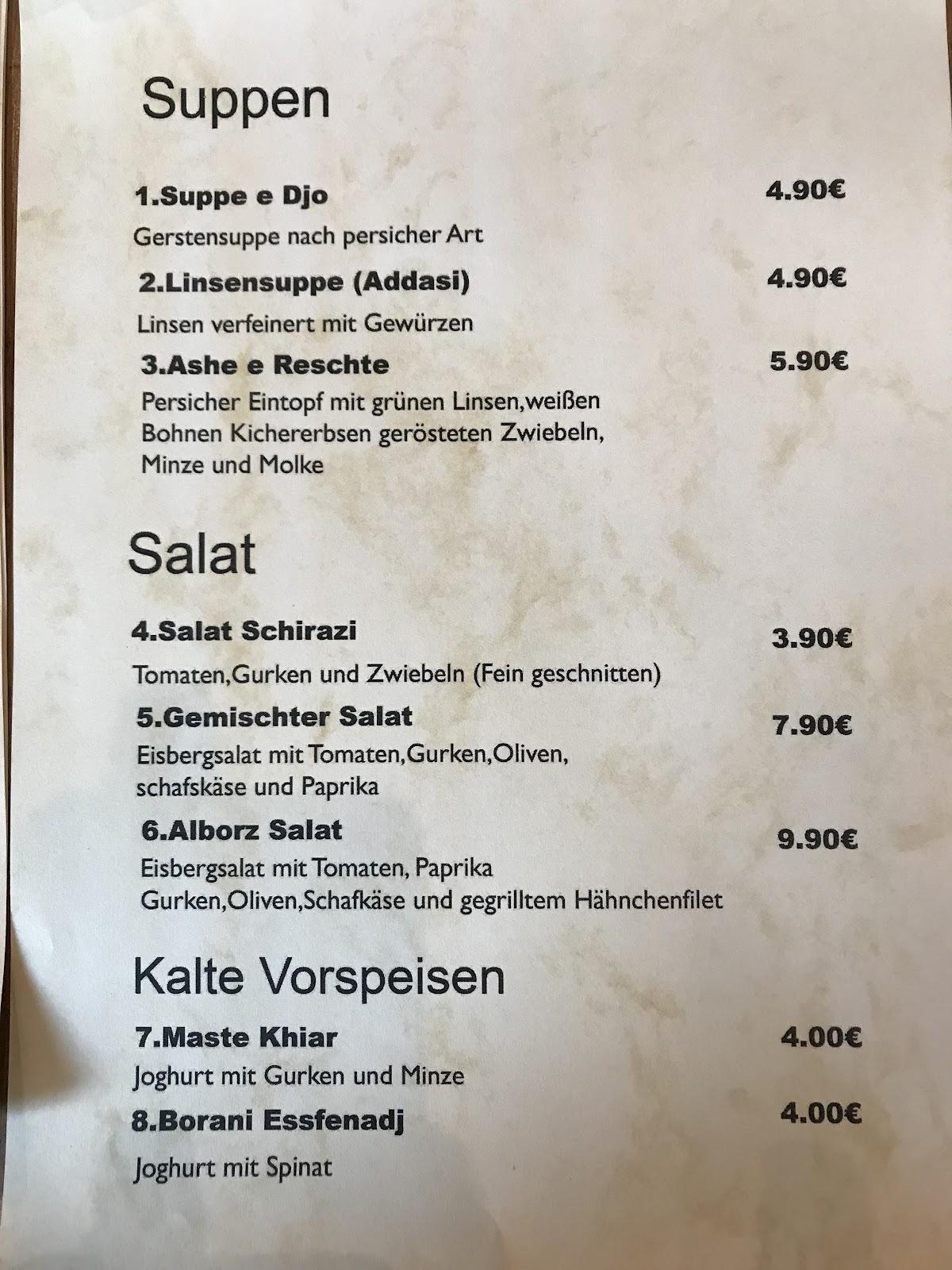 Menu at Restaurant Alborz, Cologne