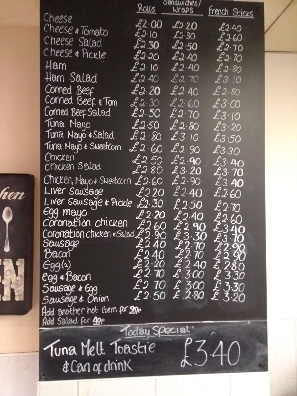 Menu at Rumblin Tums cafe, East Grinstead