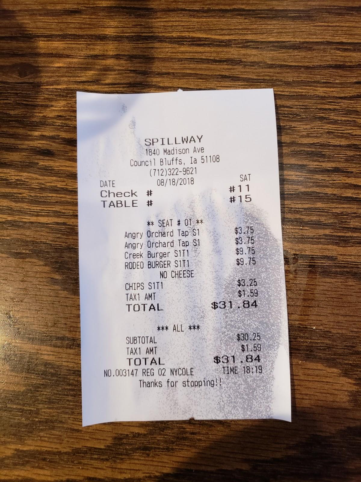 Menu at Spillway Grill & Bar, Council Bluffs