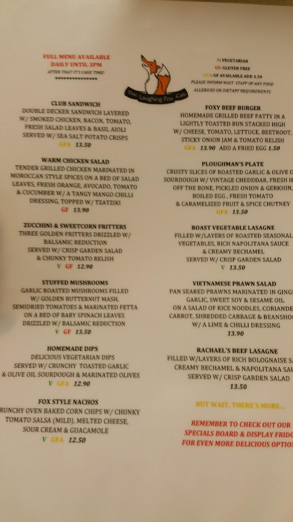 Menu at The Laughing Fox Cafe, Emerald