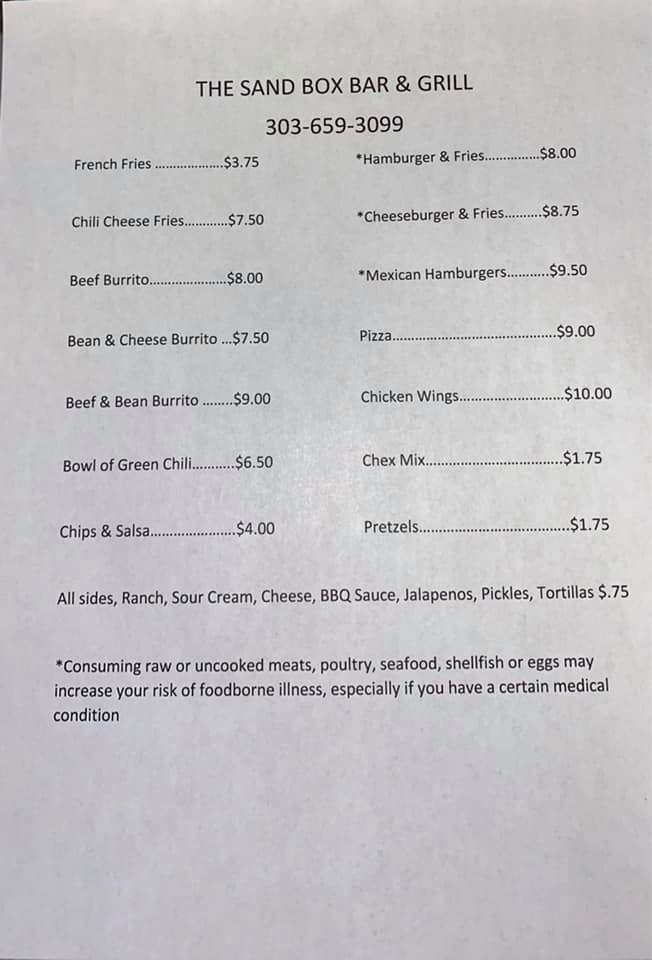 Menu at The Sandbox Bar & Grill, Lochbuie