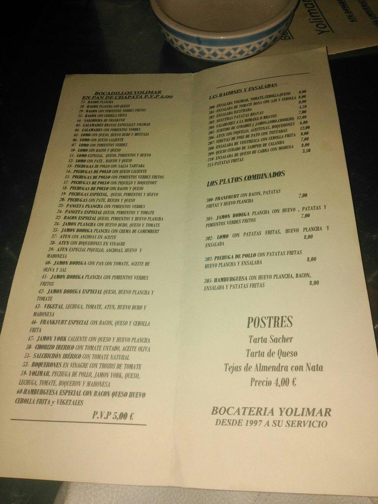 Menu at Bocatería Yolimar restaurant, Zaragoza
