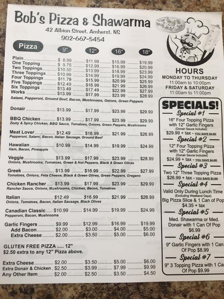 Menu at Bob's Pizza and Shawarma pizzeria, Amherst