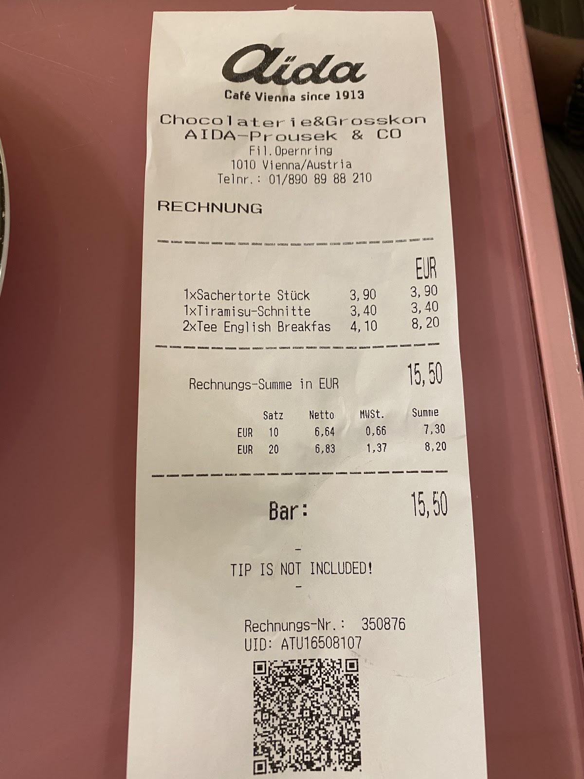 Menu at Café-Konditorei Aida cafe, Vienna, Opernring 7