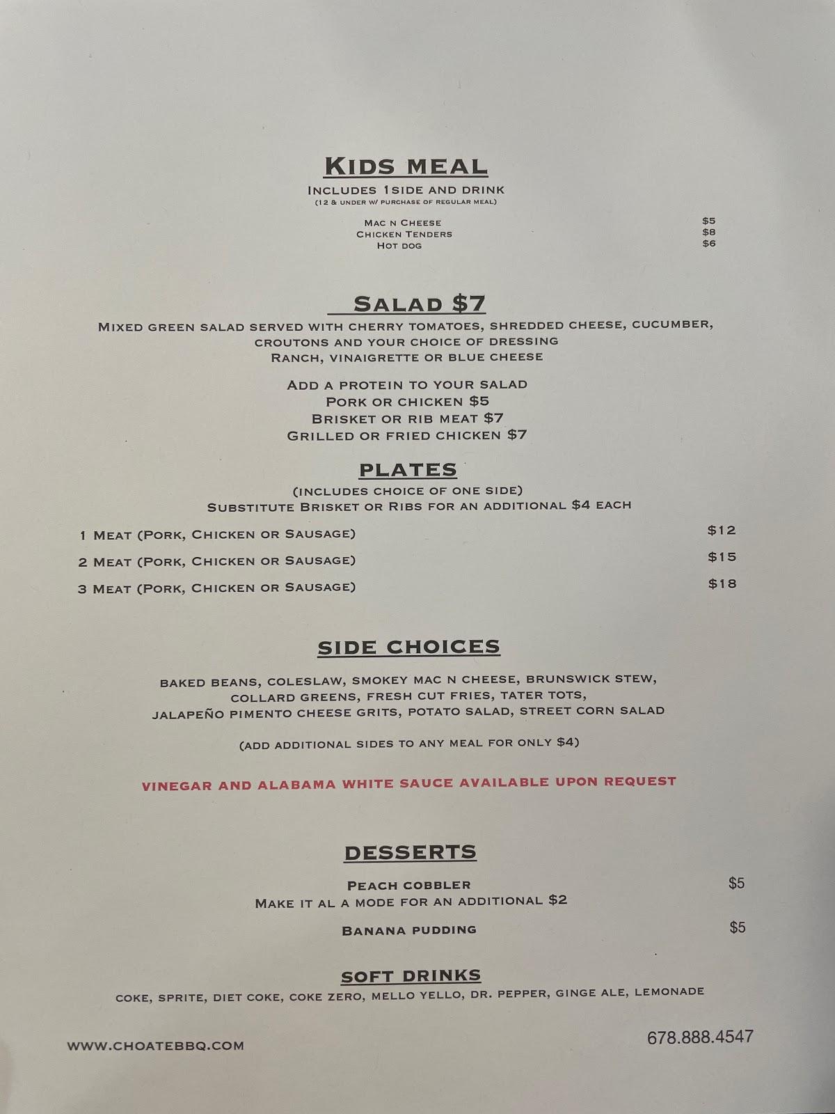 Menu at Choate BBQ, Ball Ground