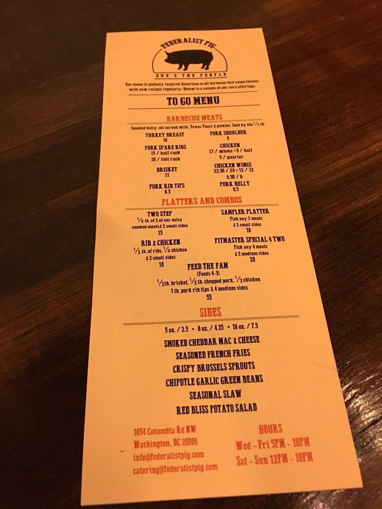Menu at Federalist Pig BBQ, Washington