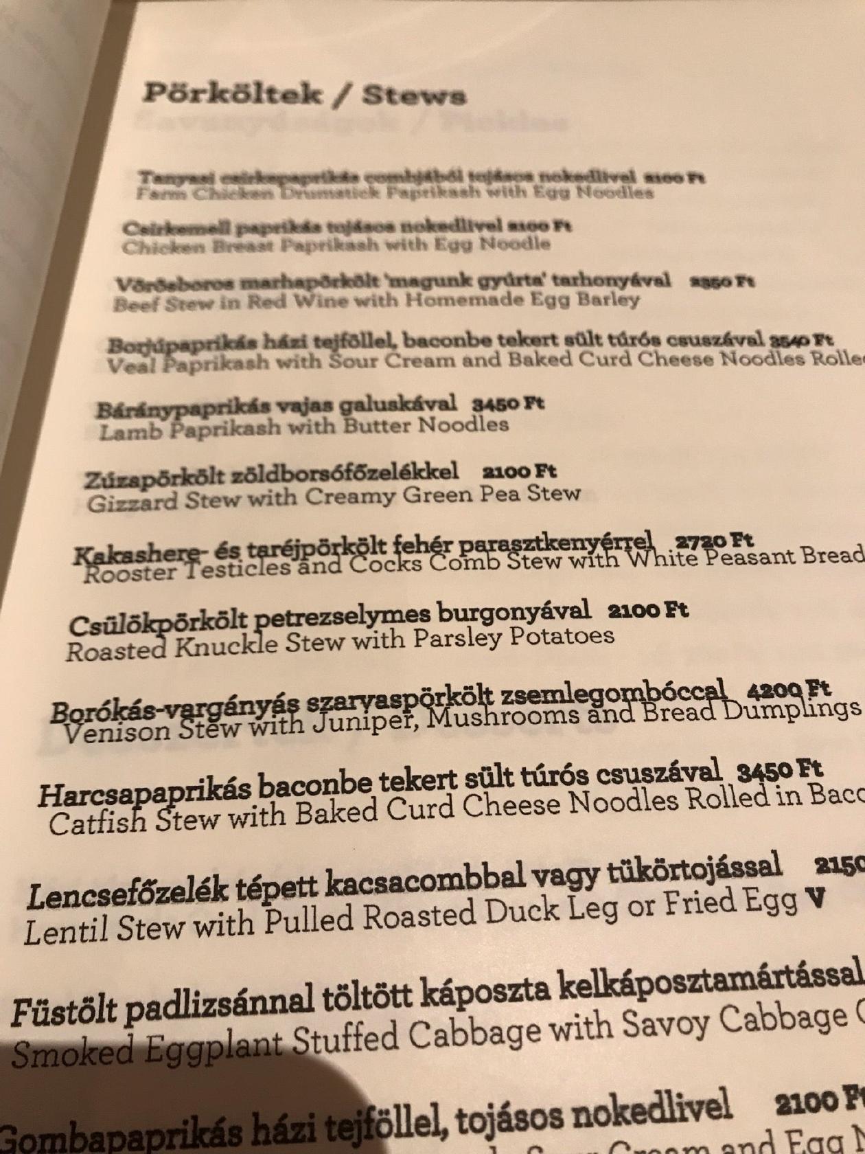 Menu at Gettó Gulyás restaurant, Budapest