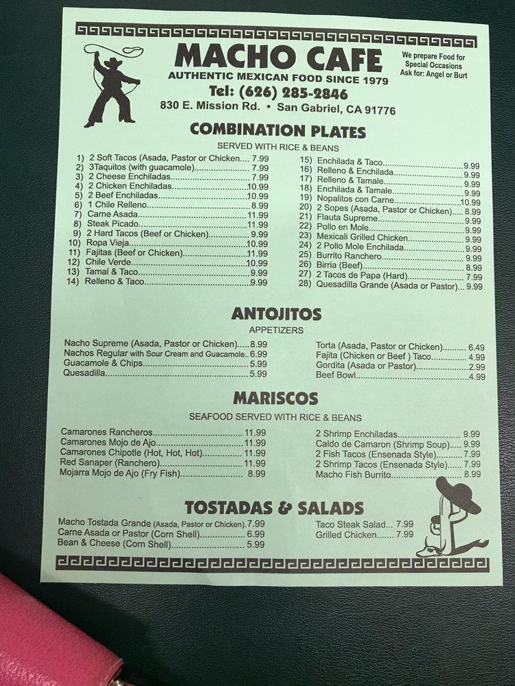 Menu at Macho Cafe Mexican Food, San Gabriel