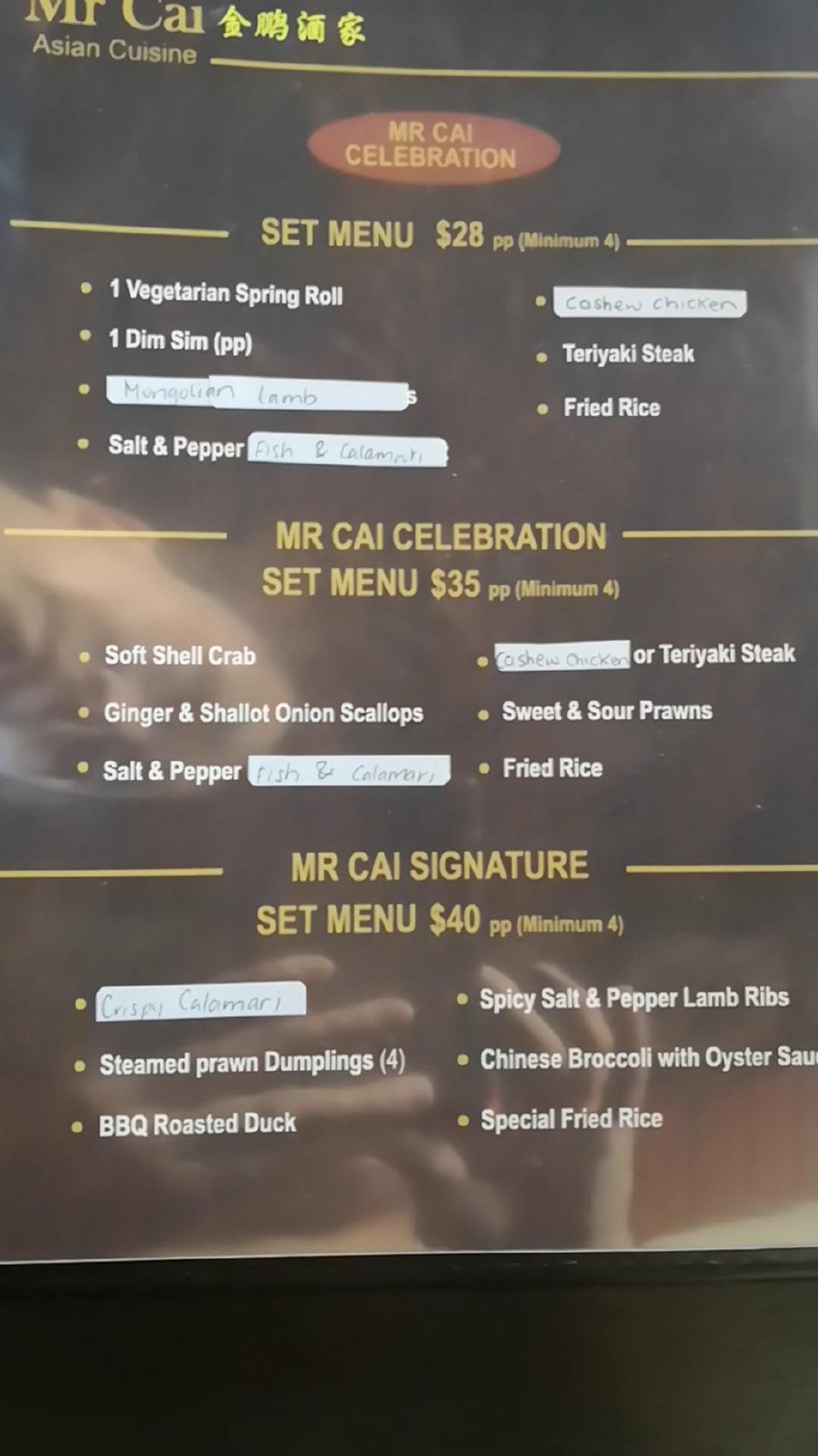 Menu at Mr Cai Asian Cuisine restaurant, East Gosford